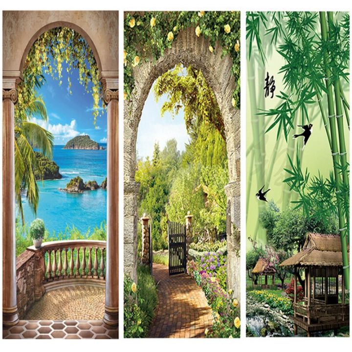 Custom self adhesive 3D Beautiful Scenery Door Sticker Garden Waterfall ...