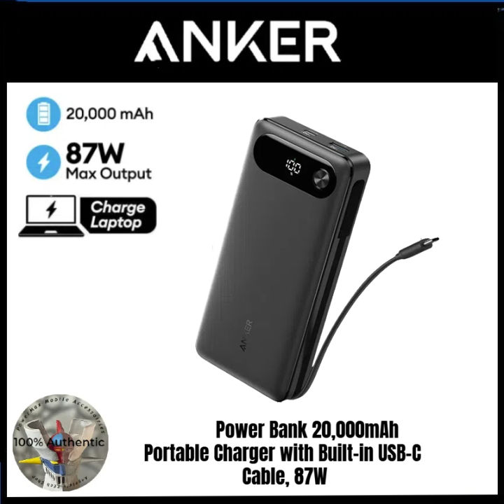 Anker Power Bank 20,000mAh Portable Charger with Built-in USB-C Cable, 87W Max Fast Charging ...