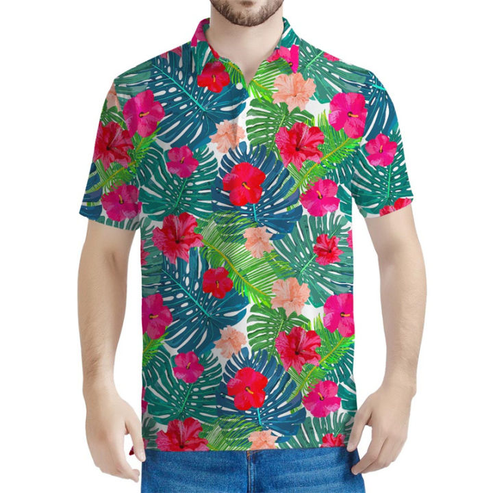 Hawaiian Floral 3d Printed Polo Shirts For Men Flower Pattern Tee Shirt ...
