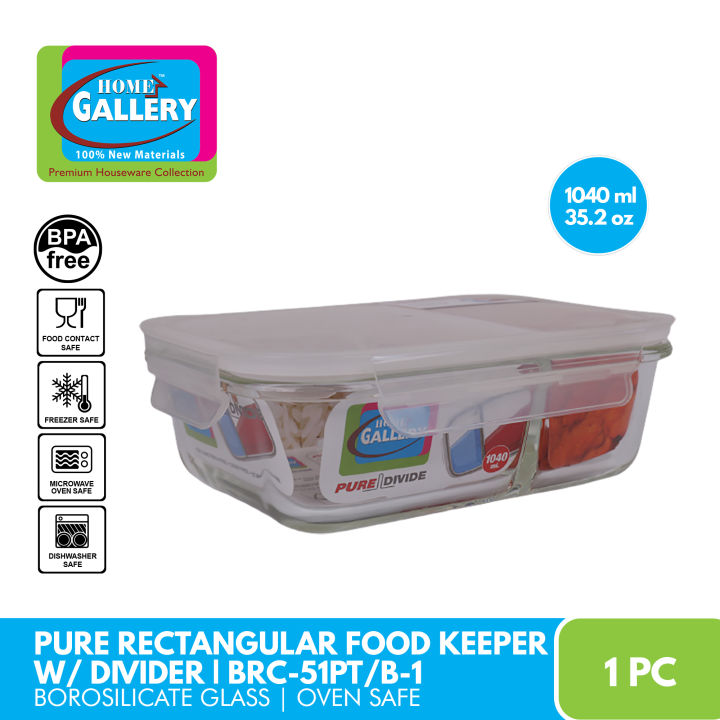 Home Gallery Pure Borosilicate Rectangular Food Keeper with Divider 1040ml/35.2oz | BRC-51PT/B-1 ...