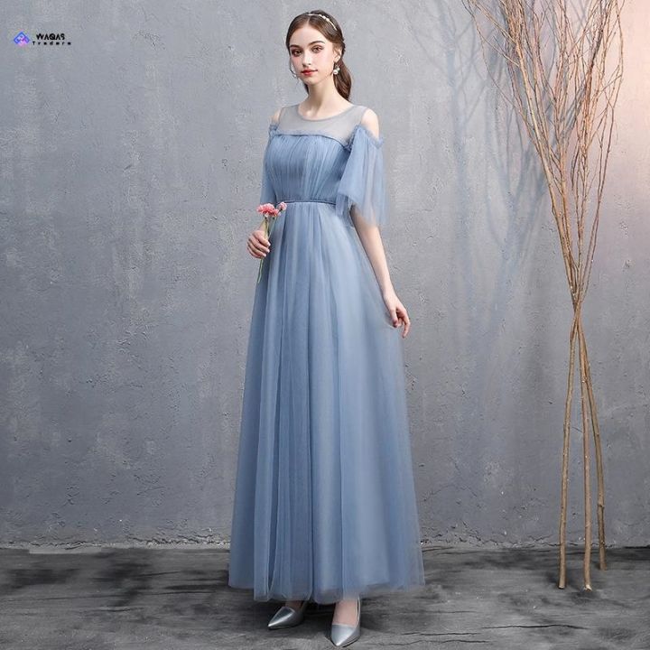 【WaQas】 Dusty Blue Bridesmaid Dress Long Off Shoulder Wedding Prom ...