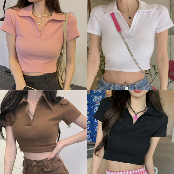 BUJIG เสื้อครอปหญิง เสื้อครอปคอปก ทรงคอเว้า แซ่บมาก เอวลอย #K015 2025 ...