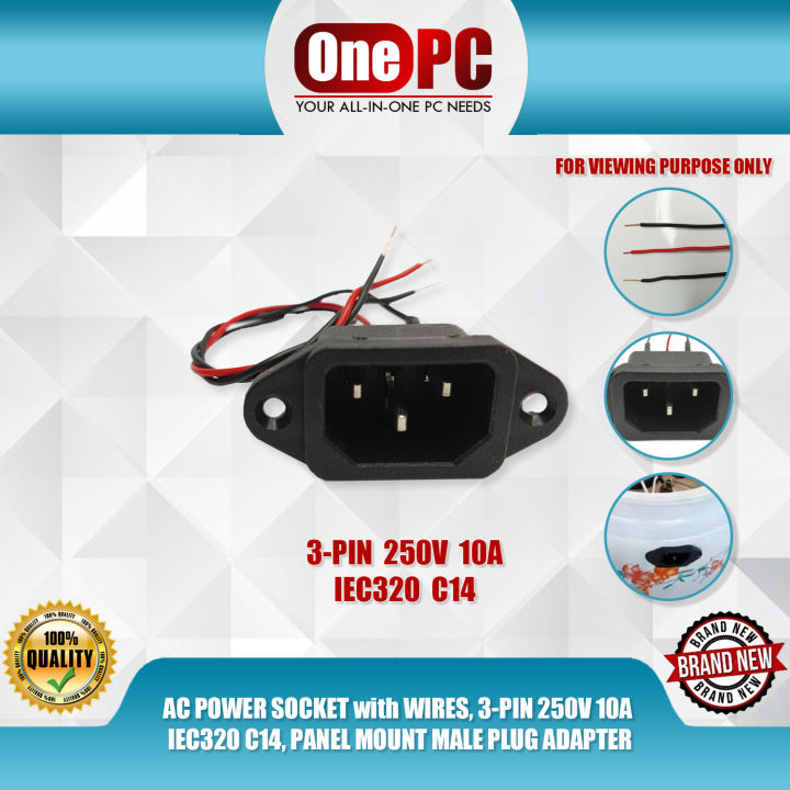 AC POWER SOCKET with WIRES, 3-PIN 250V 10A IEC320 C14, PANEL MOUNT MALE ...