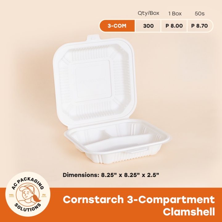 (50 PCS) Cornstarch Clamshell - Biodegradable (Available in 2, 3, and 4 ...