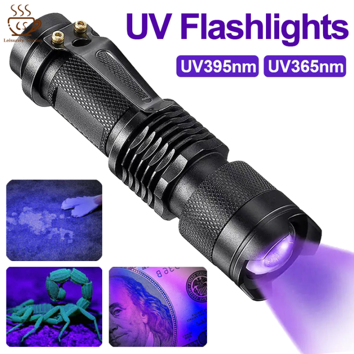 LED UV Flashlight 365/395nm Portable Mini Ultraviolet Torch Waterproof Zoomable Violet Light Pet ...
