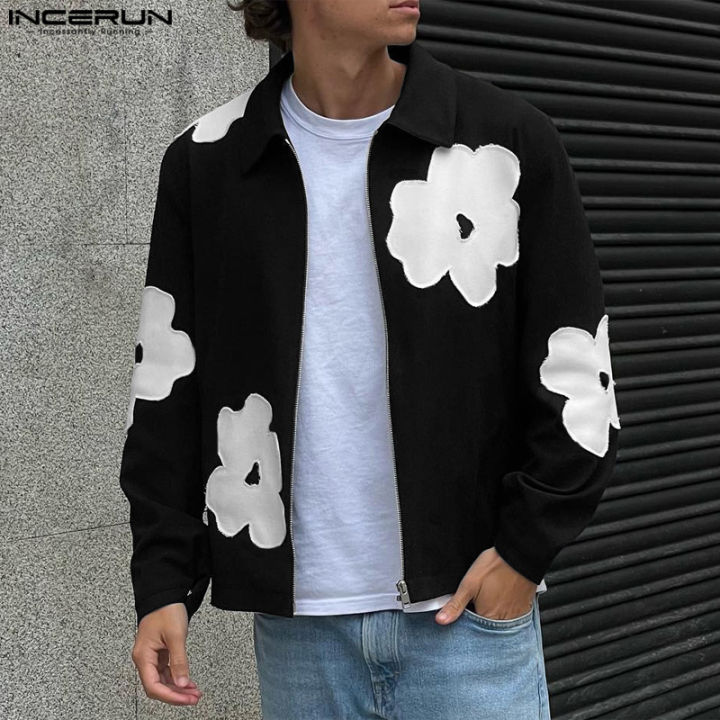 INCERUN Men's Streetwear Lapel Floral Applique Jackets Fashion Long ...