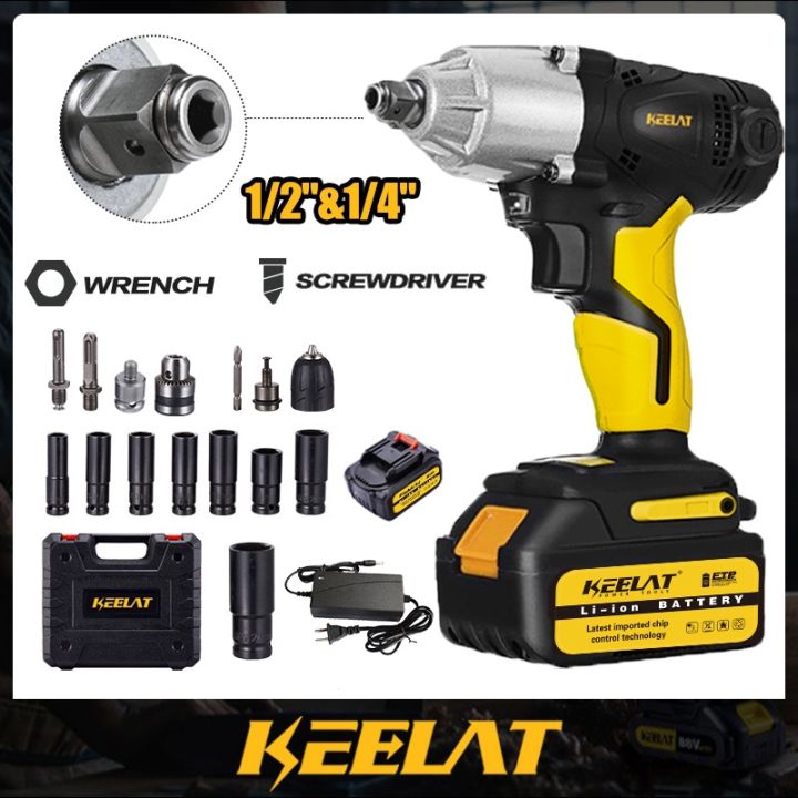 KEELAT Impact Wrench Cordless Wrench 1/2"&1/4" Electric Wrench Drill 2 ...