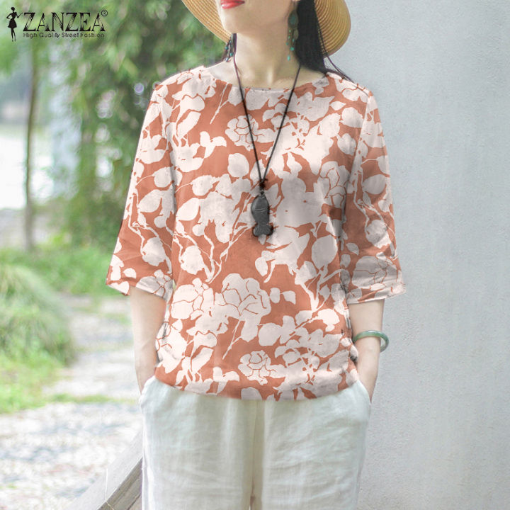 ZANZEA Women Floral Printed Blouse 3/4 Sleeve Crewneck Casual Loose ...