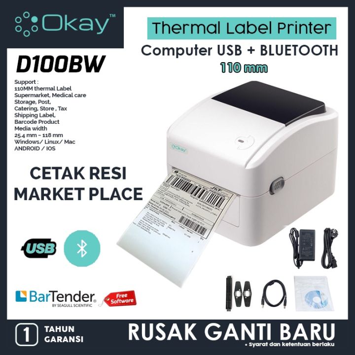 OKAY D100BL Printer Label A6 110mm label Pengiriman Barcode Thermal ...