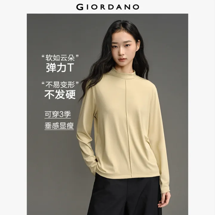 GC Women T-Shirts Brand Print Pintuck Loose Tee Mock Neck Long Sleeve ...