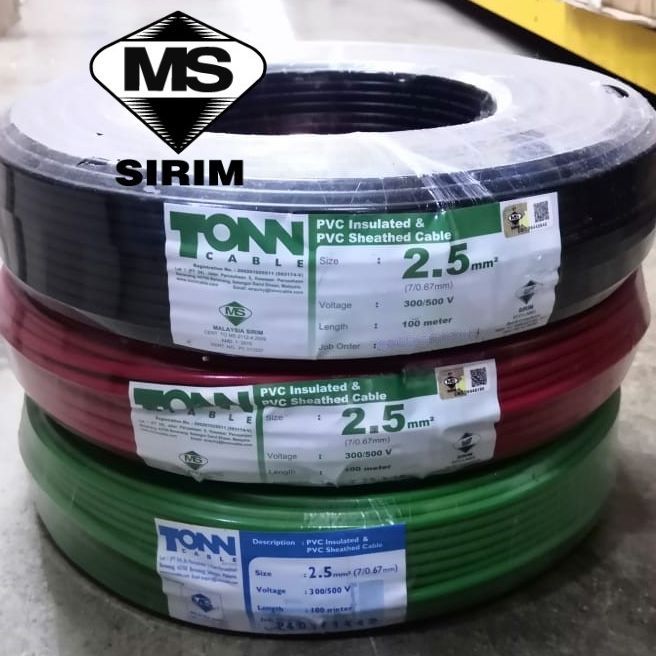 SIRIM TONN CABLE 2.5MM² (7/0.67MM) Double PVC Insulated Cable (100% Pure Copper) Kabel PVC ...