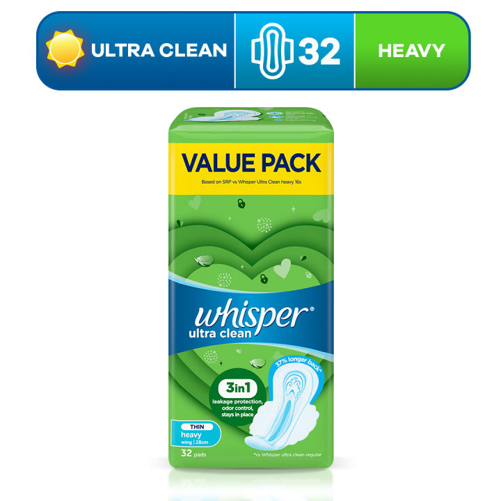 Whisper Ultra Clean Sanitary Pad Heavy Day Thin Wing 28cm 32 pads Value ...
