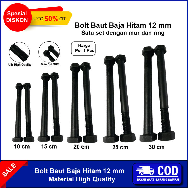 Baut Mur Baja Hitam Ukuran 12 mm diameter 1/2" Kunci 19 Baut Drat Motor ...