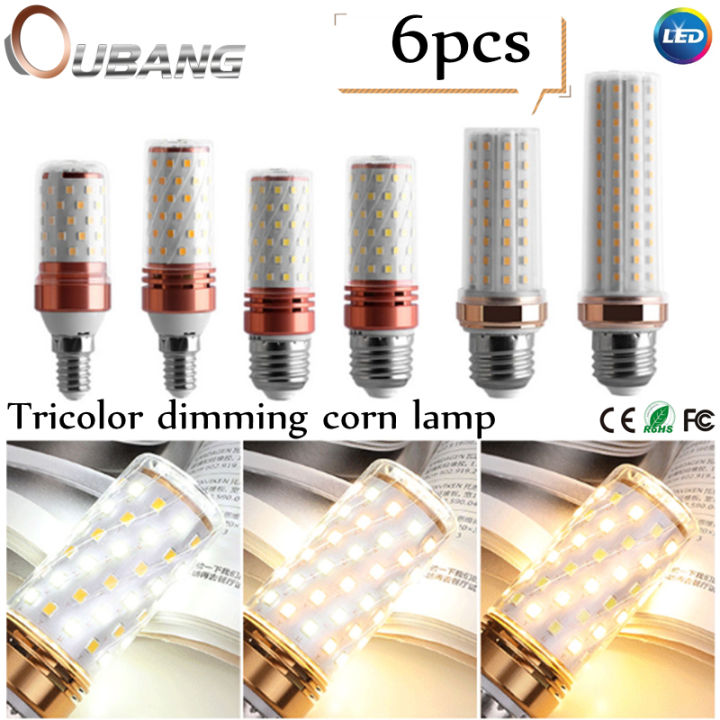 OU BANG 6pcs Tricolor Dimming Corn Lamp E27/E14 LED Corn Bulbs 12W 16W 20W 24W Candelabra LED ...