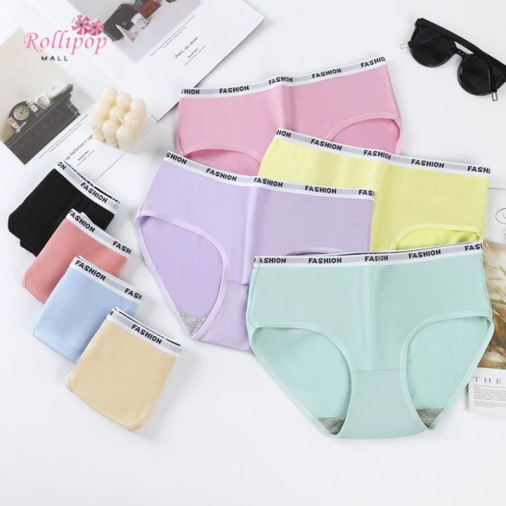 ROLLIPOP Women's Underwear Female Students Korean Version of Solid Color Breathable Mid-waist ...