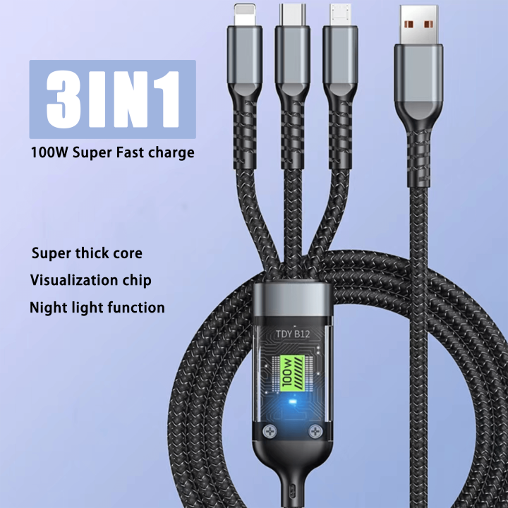New transparent luminous 3in1 USB data cable, 100W Type C cable 3in1 ...
