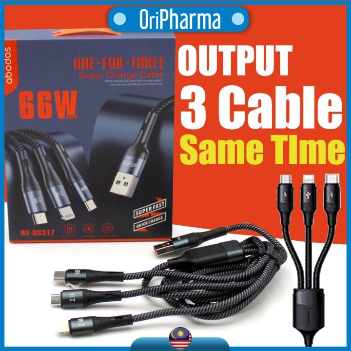 66W ABODOS 3In1 Super Fast USB Cable High Speed Data Cable Iphone/Type ...