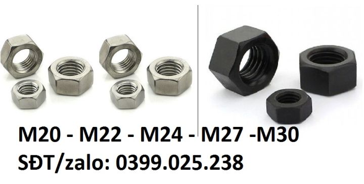 Bộ 4 con đai ốc/ êcu M20/M22/M24/M27/M30 Inox thép đen công nghiệp ...
