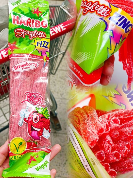 Spot Haribo sour strawberry antenna sugar acid rope candy Germany ...