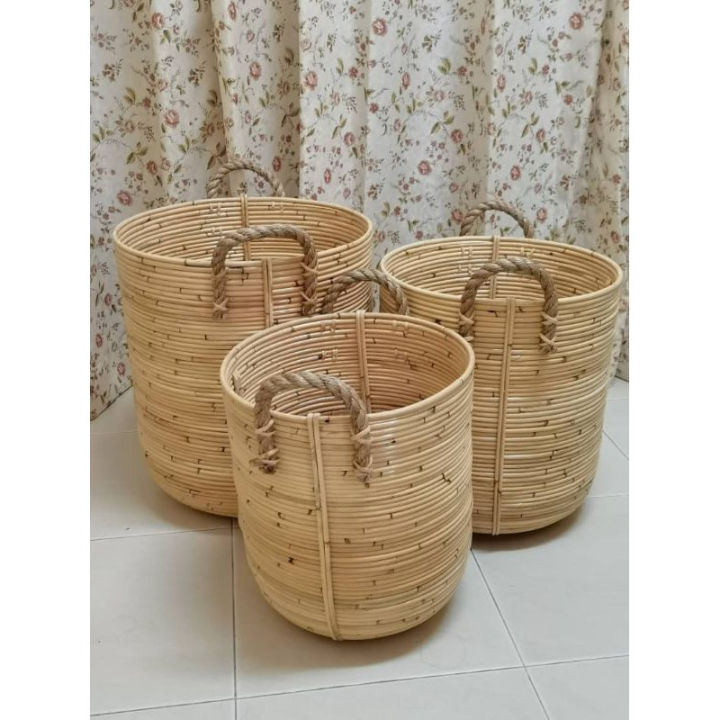 [The Rattan House] Double Rope Handle Solid Rattan Storage Basket ...