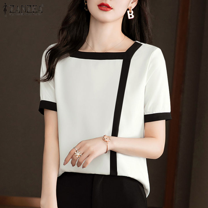 Zanzea Women Summer Holidya Casual Shirt Tops Square Neck Patchwork T