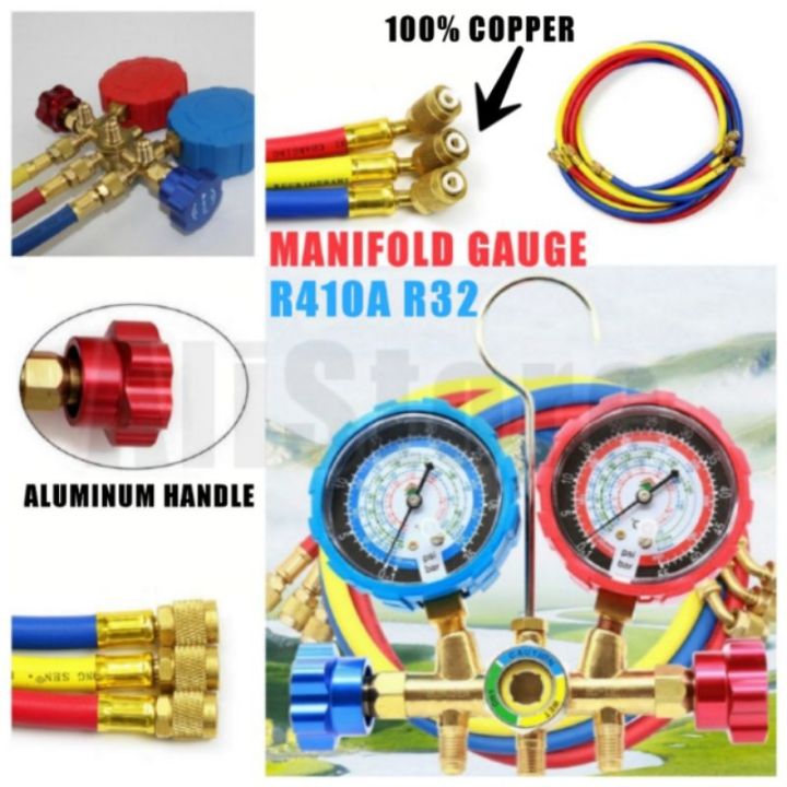 ALi R410a R32 Manifold Gauge R410a R32 R22 R134a + 3 Pcs Charging Hose Aircond Refrigerant ...