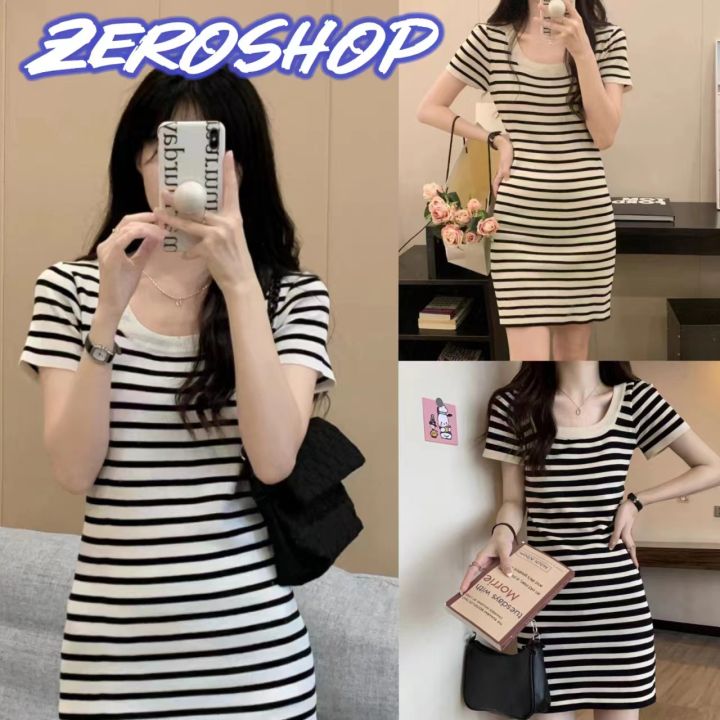 Zero shop🐰พร้อมส่ง🐰 (Zero-88617) ชุดเดรสไหมพรมแขนสะเน ดีเทลายทางคอกลมน่ารัก -C | Lazada.co.th