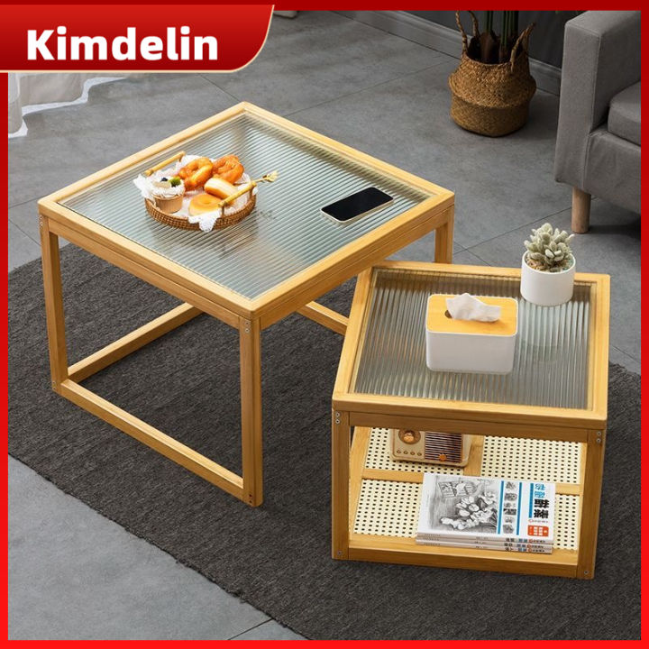 KIMDELIN Bamboo Tea Desks Table Wood Side Desk Table 1/2 Layers Glass ...