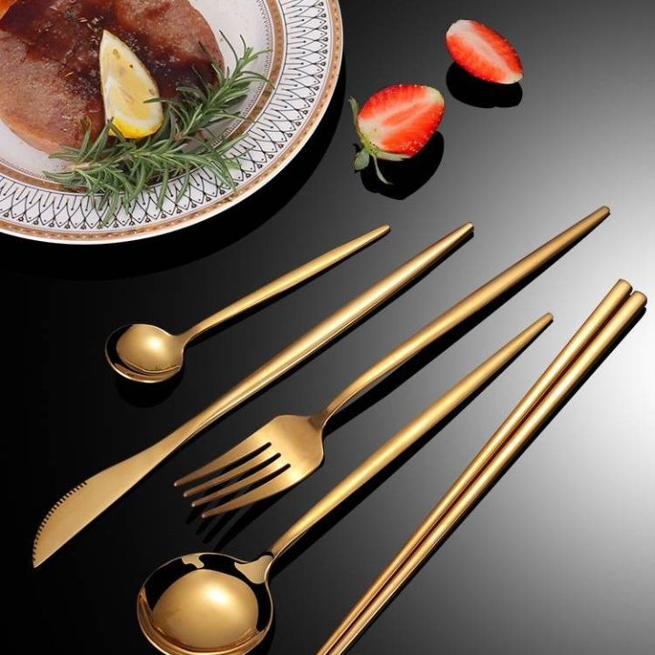 (COD)Gold Plated Stainless Steel Spoons, knives, forks Thick Set With ...