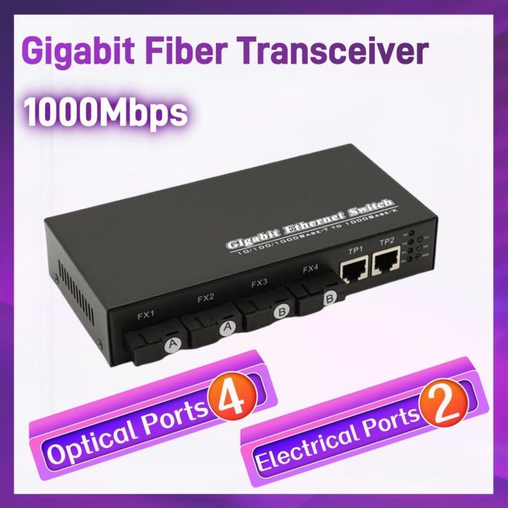 1000M 4G2E Fiber Media Converter Transceiver Switch Convert Single Mode ...