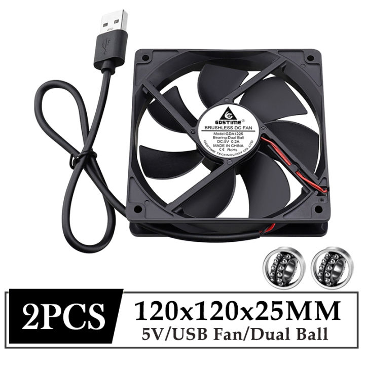 2Pcs Gdstime 5V USB Fan 120MM*25MM Dual Ball Brushless Exhaust Fan ...