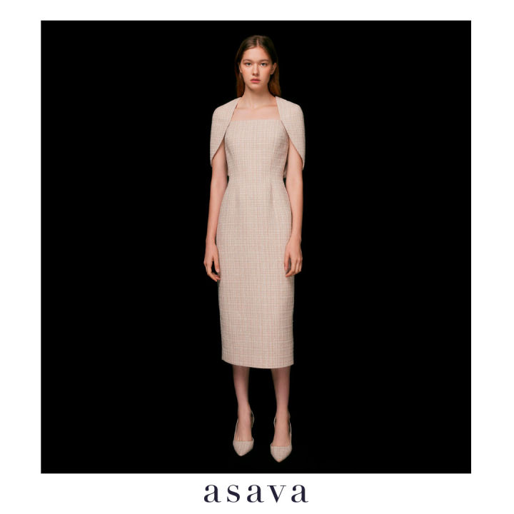 [asava aw23] Asava Tweed Cape-sleeve Dress เดรสผู้หญิง แต่งแขนเคป ผ่า ...