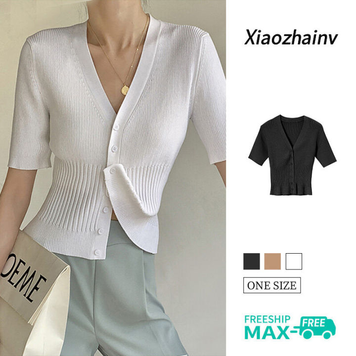 Xiaozhainv Korean Style Womens Short Single Breasted V Neck Short