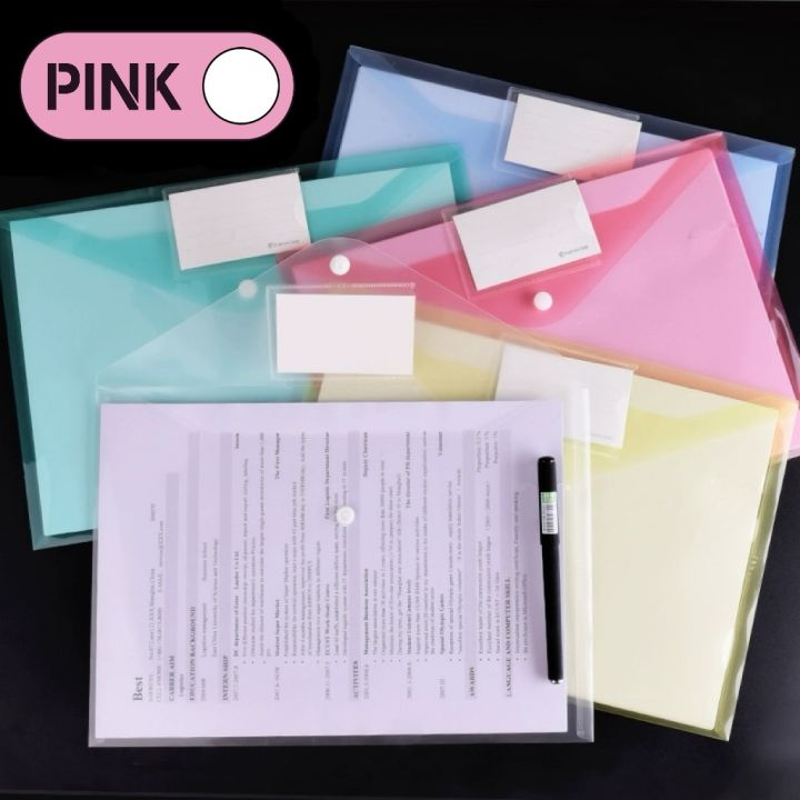PINK A4 Transparent Envelope Folder Clear Snap Button File Case Plastic Storage Bill Folders ...