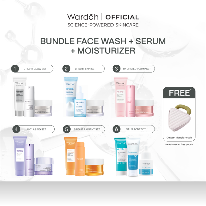 Wardah [3 pcs] Paket Gel Moisturizer, Face Wash, dan Serum - Calm Acne, Hydrated Plump, Bright ...