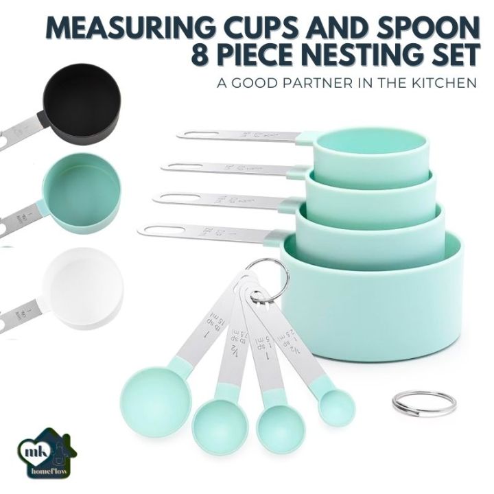 MK HomeFlow 8 Piece Measuring Cup and Spoon Set Stainless Steel Handle, Measuring Dry or Liquid ...