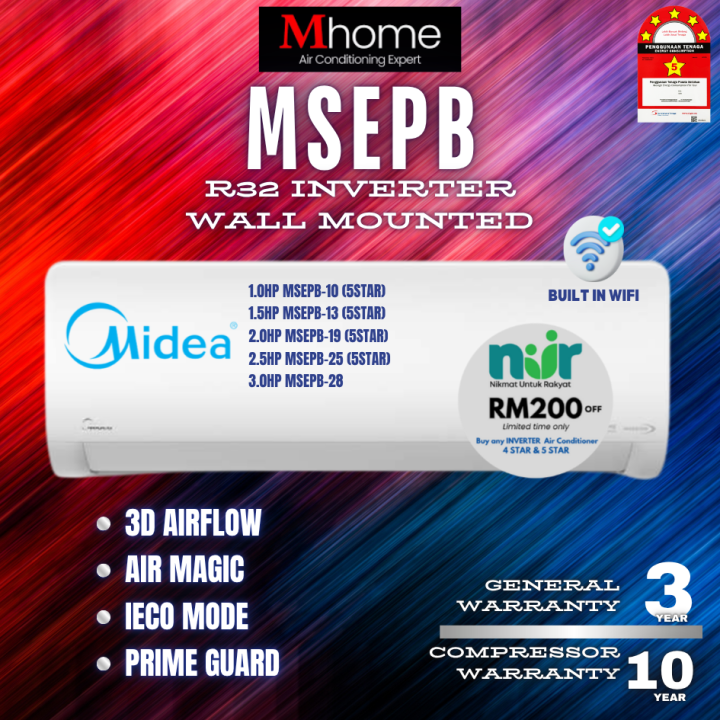 [RM 200 REBATE NUR] MIDEA INVERTER WALL MOUNTED AIR CONDITIONER WITH IONIZER MSEPB SERIES 5 STAR ...