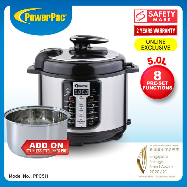 PowerPac Electric Pressure Cooker With Stainless Steel Pot 5.0L (PPC511 ...