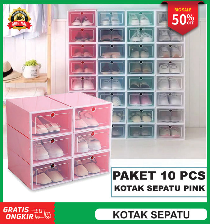 paket 10 pcs & 5 pcs Kotak Sepatu Lipat Transparan Tebal Shoes Storage ...