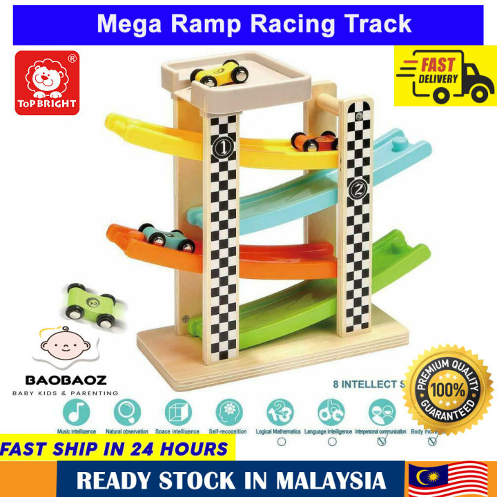 TOP BRIGHT Car Vertical Ramp Race Track Vehicle Playsets 4 Wooden Cars ...