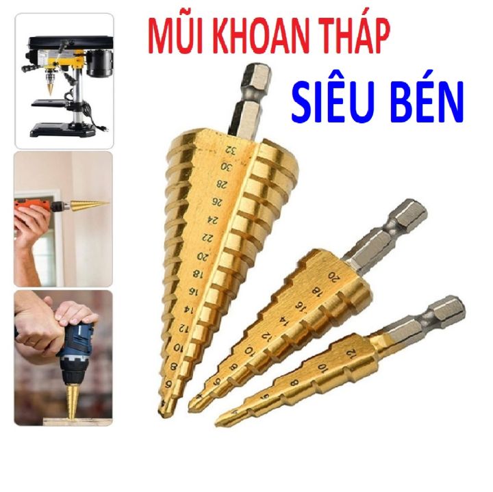 Bộ mũi khoan tháp siêu bén 3-12mm, 4-12mm, 4-20mm, 4-32mm. Mũi khoan thép HSS Phủ Titan chuôi ...