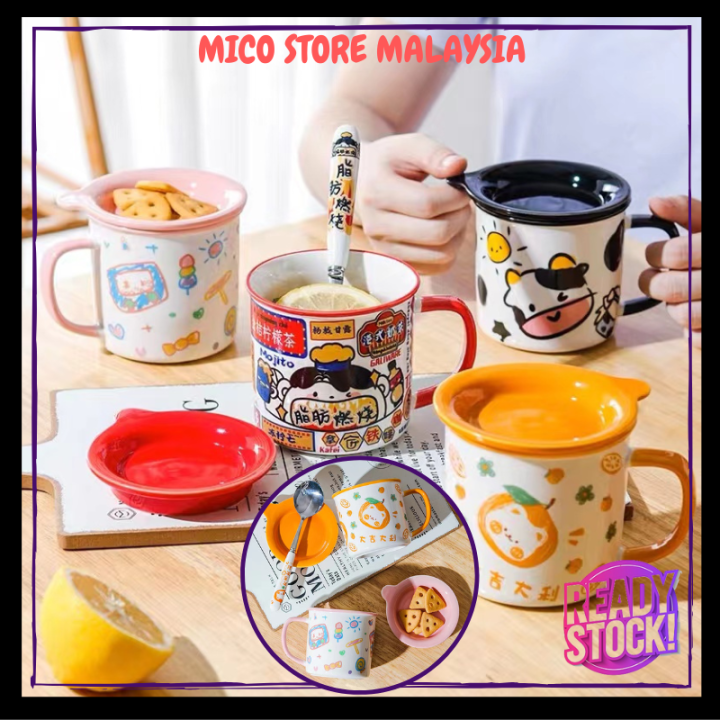 MICO.400ML Cute Cartoon Ceramic Mug With Cover and Spoon Tea Cup Water ...