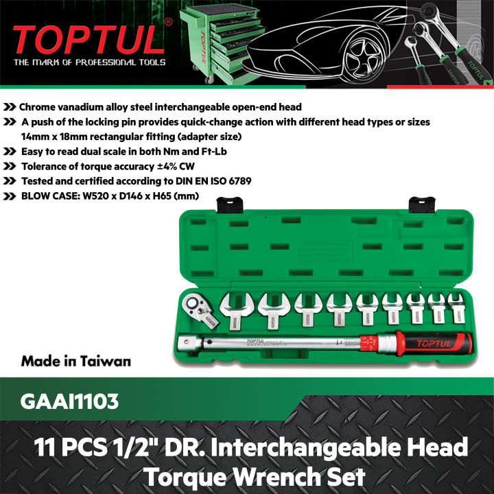 Toptul 11PCS 1/2" DR. Head-Interchangeable Spanner Torque Wrench Set ...