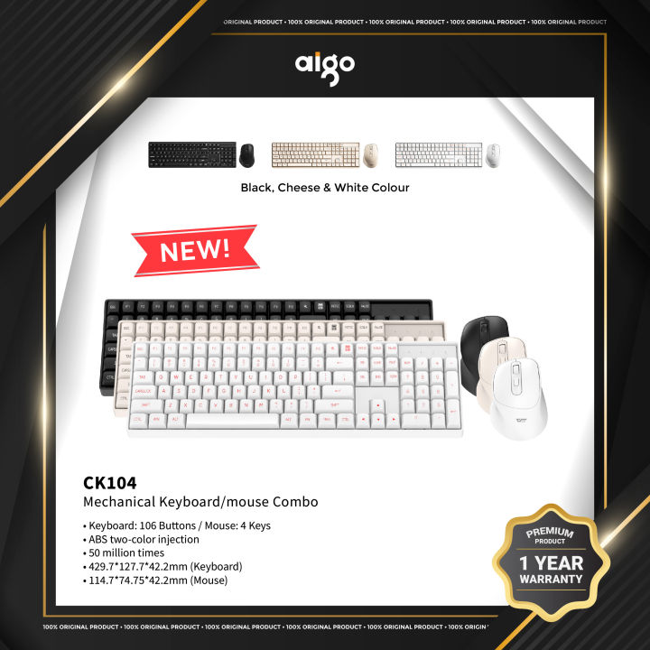 aigo CK104 Combo Set Dual Mode Wireless 2.4G & USB Mechanical Keyboard and Mouse (Red Switch ...