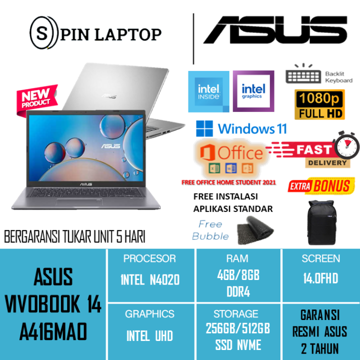 Laptop ASUS Vivobook 14 A416MAO N4020 ram 8GB 256GB ssd Windows 11 OHS ...