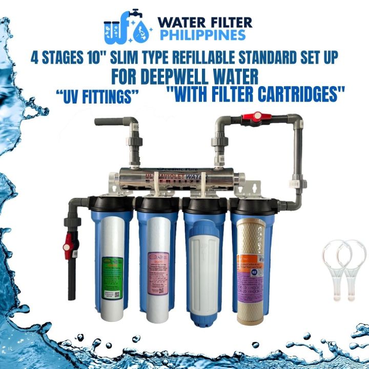 Water Filter 4 Stages 10" Slim Type Refillable Standard Deepwell with 2 ...