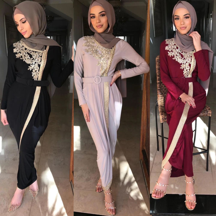 Muslimah Womens Muslim Abaya Dress Long Sleeve Kaftan Maxi Dress Middle ...