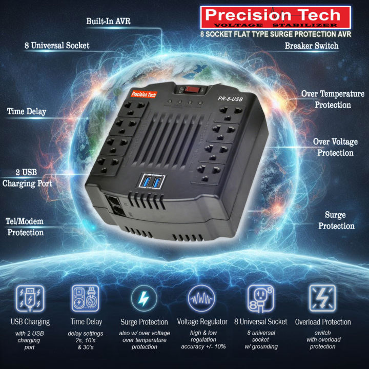 Precision Tech Flat AVR 8 Socket 8 in 1 Surge Protection 1200va (600 ...