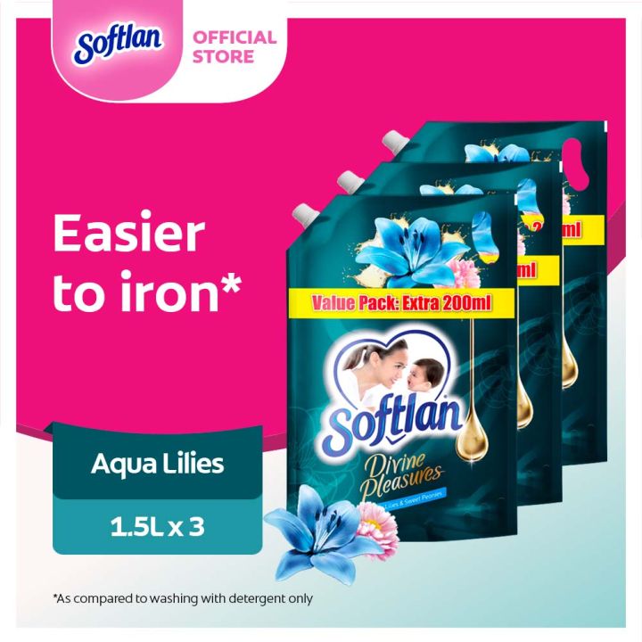 Softlan Divine Pleasures Aqua Lilies & Sweet Peonies Fabric Softener 1.5L Refill (Bundle of 3 ...