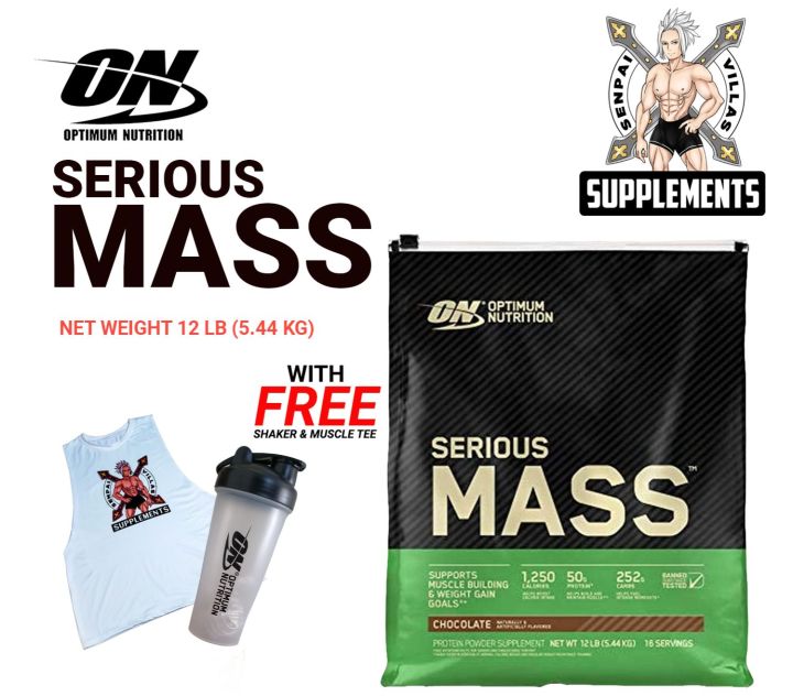OPTIMUM NUTRITION SERIOUS MASS 12LBS WITH FREE SHAKER AND MUSCLE TEE ...